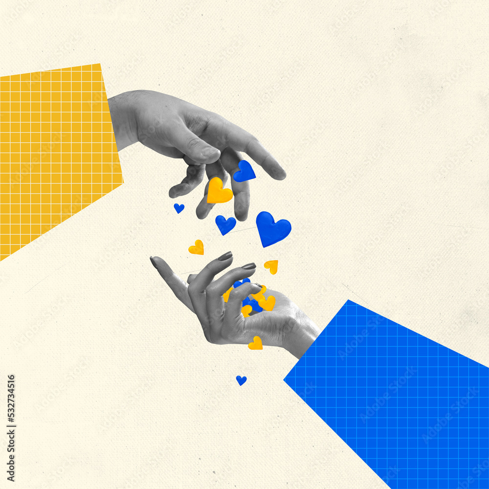 Blue and yellow hearts. Human hands aesthetic on light background ...