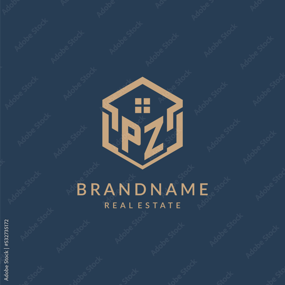 Initial letter PZ hexagonal house roof shape icon logo design Stock ...