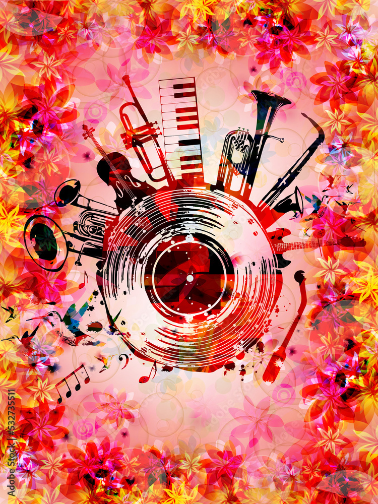 Musical poster with musical instruments on floral background in pink ...