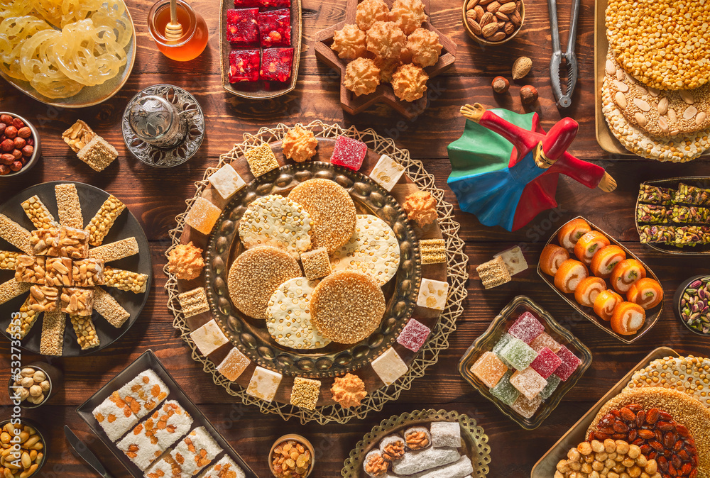 Collection of traditional Arabic sweets and candies to celebrate ...
