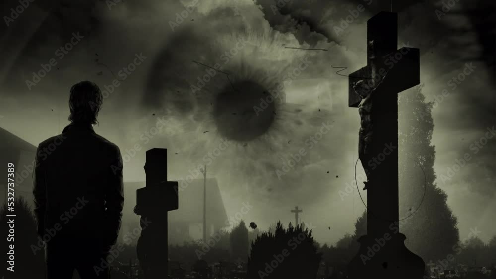 Man Cemetery Tombs Vintage Style Eye Stare In Sky Old Film Texture ...