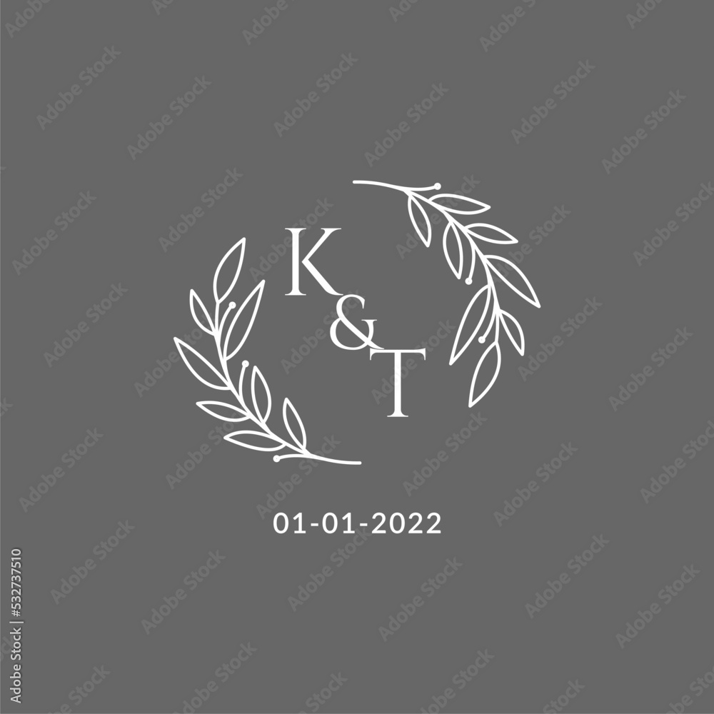 Initial letter KT monogram wedding logo with creative leaves decoration ...