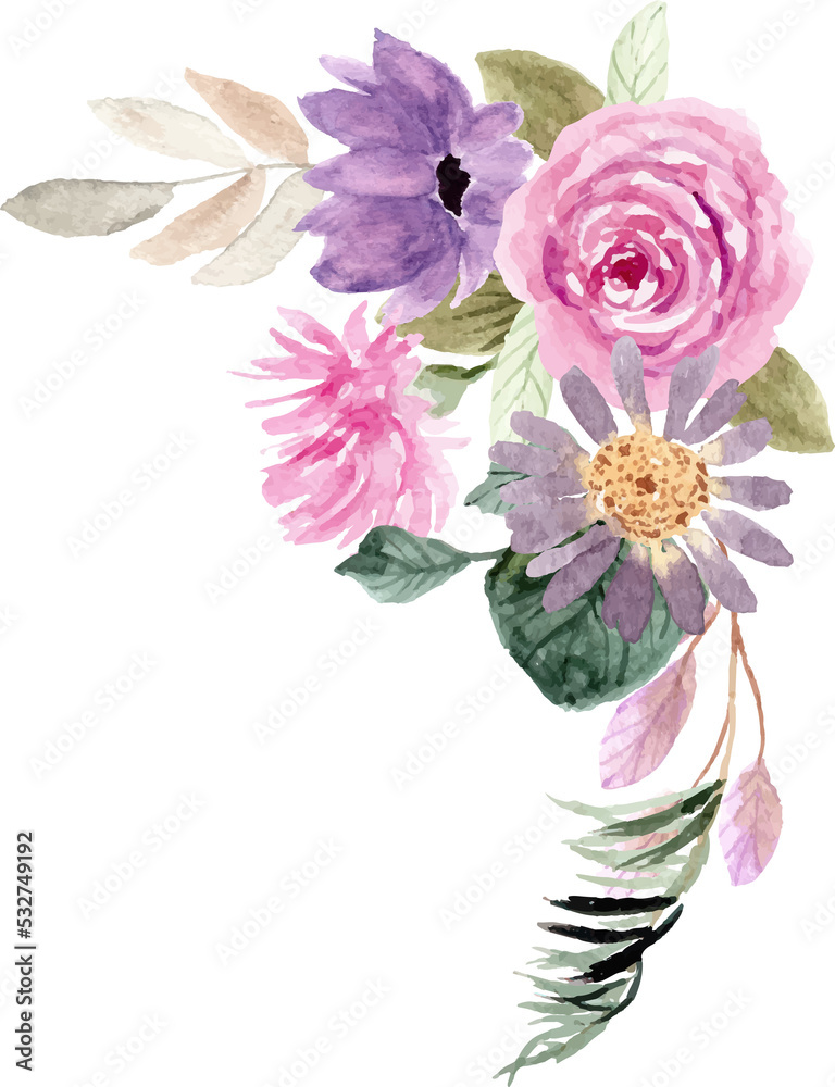 purple pink floral bouquet watercolor border Stock Illustration | Adobe ...