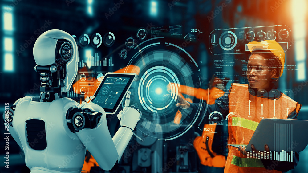 Cybernated industry robot and human worker working together in future ...