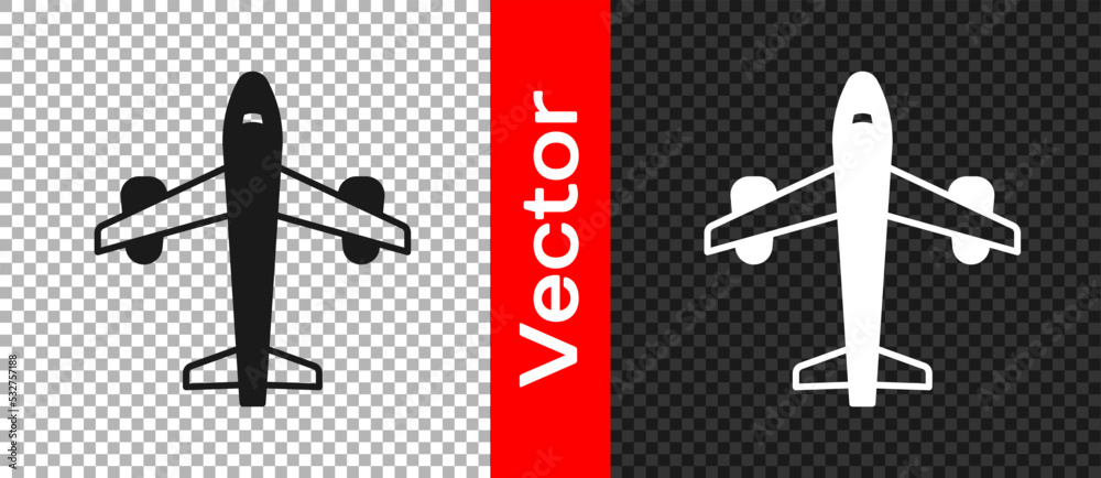 Black Plane icon isolated on transparent background. Flying airplane ...