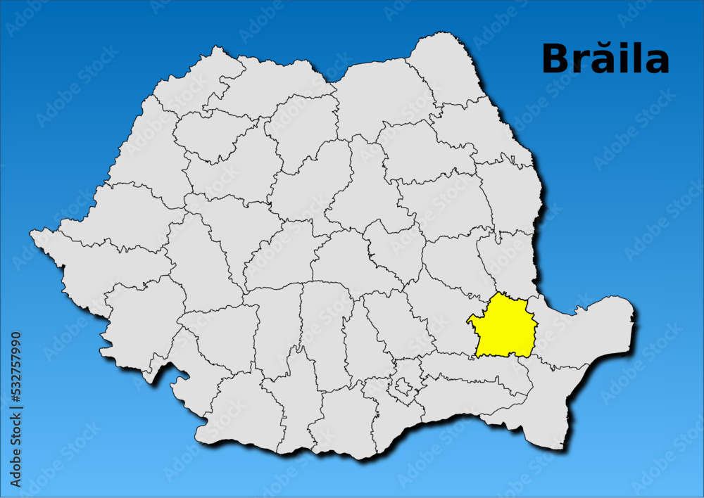 Map of Romania with map of Braila county highlighted in yellow vector ...