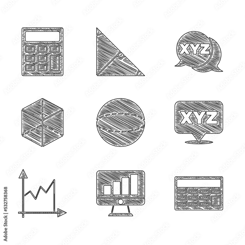 Set Geometric figure Sphere, Computer monitor with graph chart ... Set Geometric figure Sphere, Computer monitor with graph chart ...