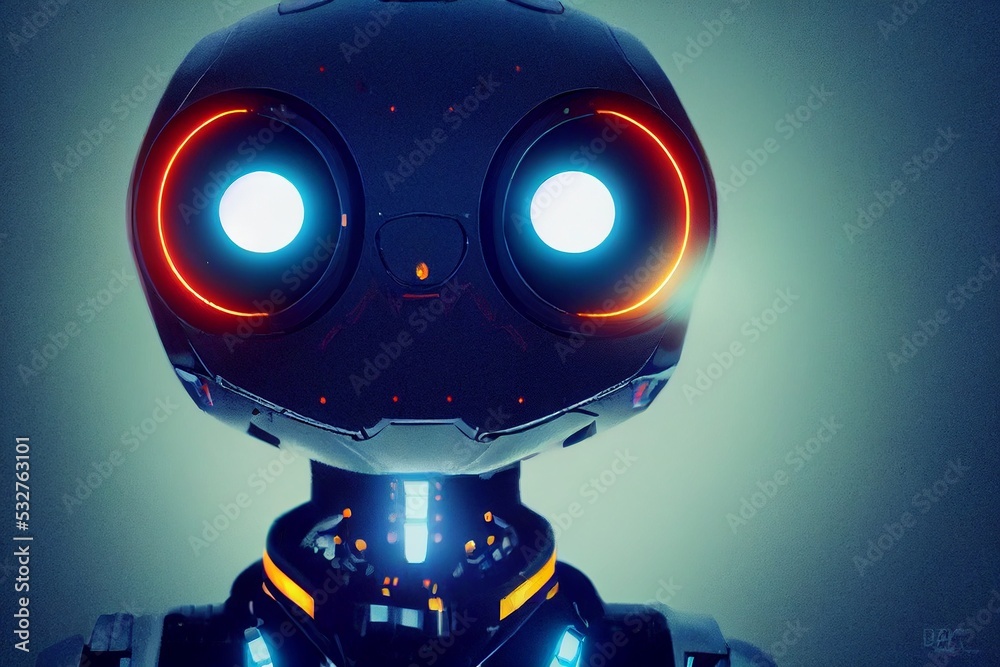 Small droid with glowing eyes, iron body, small arms and legs. Portrait ...
