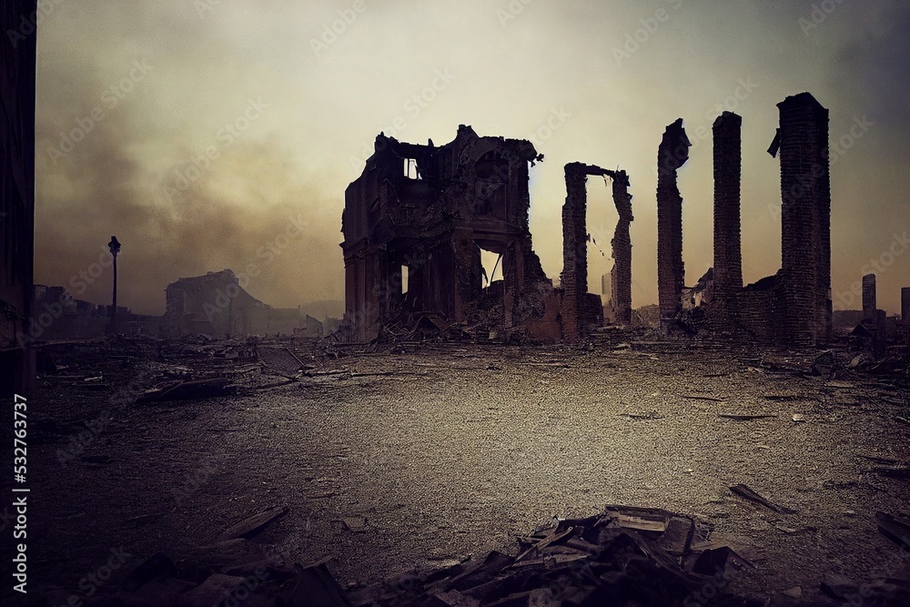 Destroyed cities after bombing raid, ruins, destroyed building, dust ...
