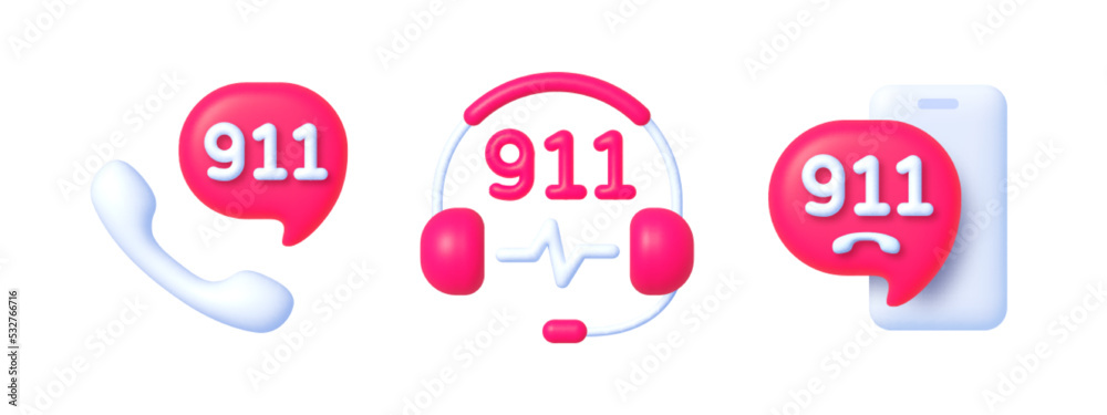 911 Icon set for infographic or website. 911 icons in 3D style on white ...