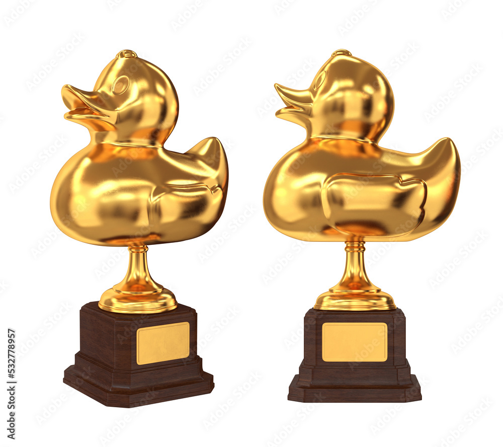 Set of golden trophies rubber duck on a white background, 3d render ...