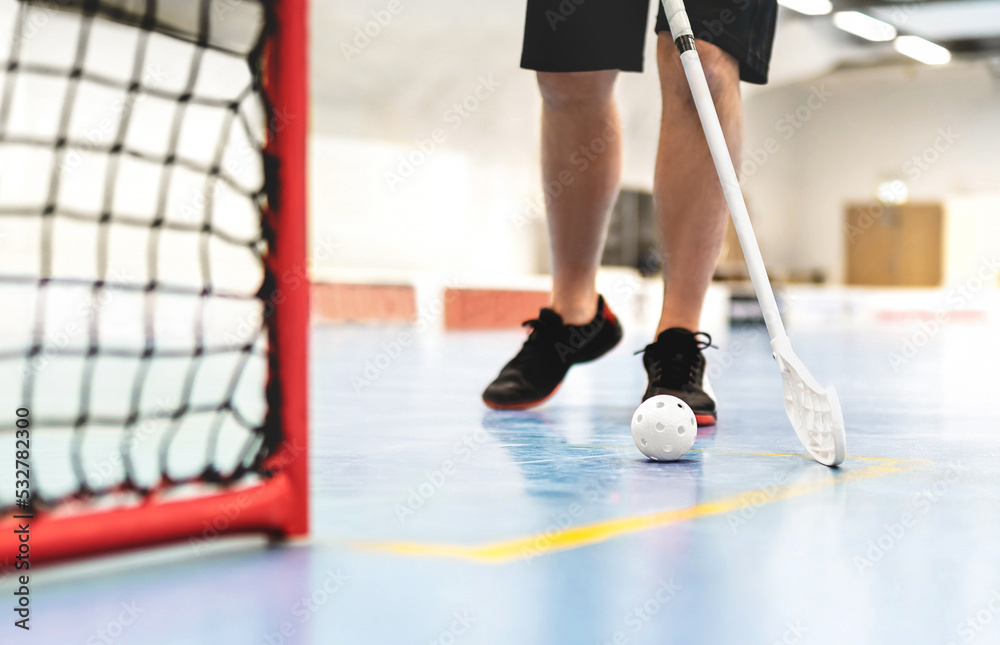 Floorball player. Floor hockey and indoor bandy game. White ball and ...