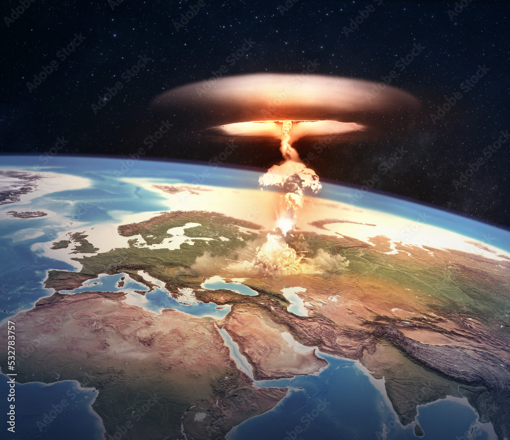 Atomic bomb explosion on Europe. Nuclear war starting with a mushroom ...