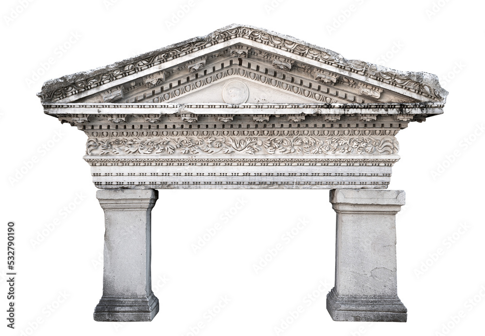 ancient architectural temple frontispiece with stone arcade archway ...