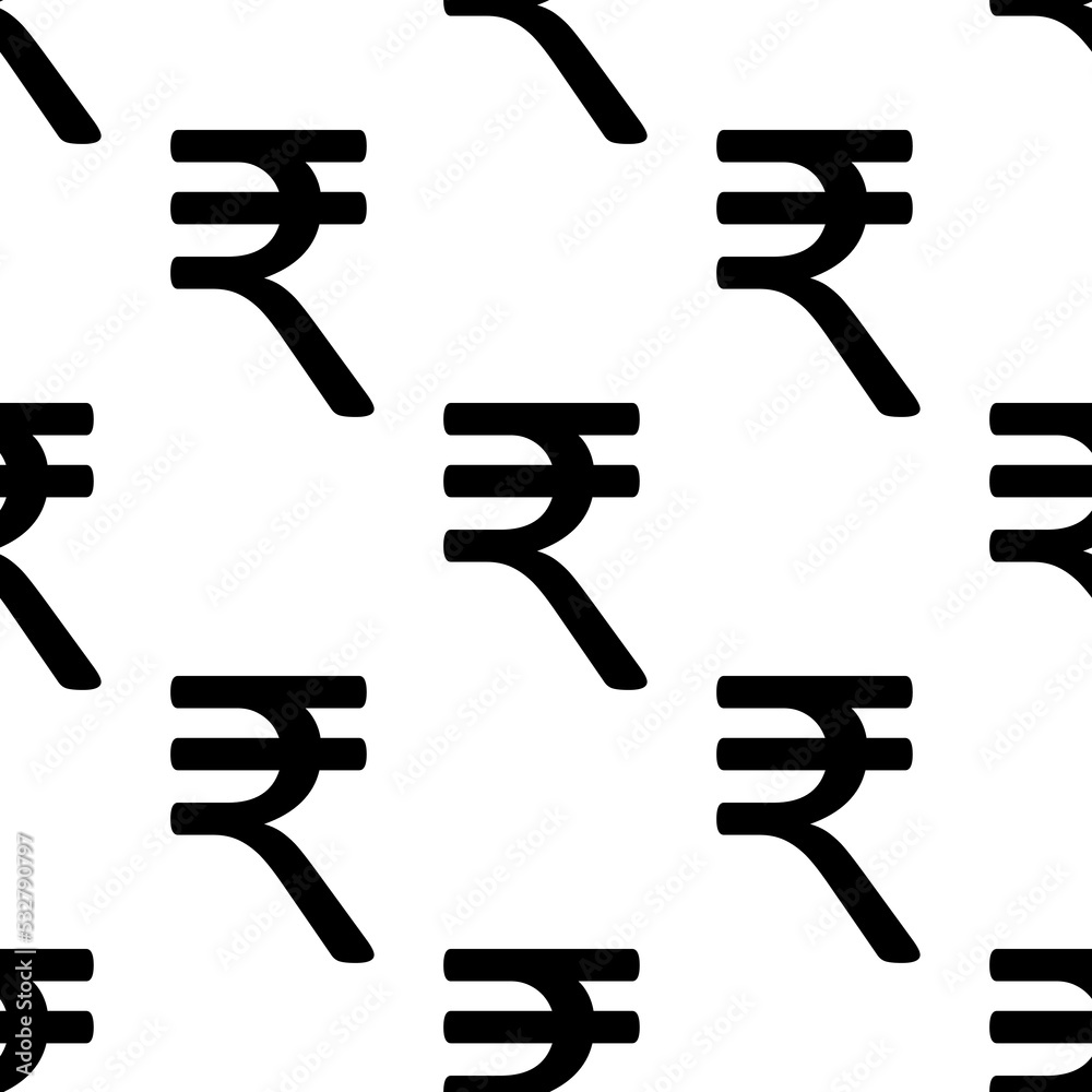 Indian rupee symbol vector pattern seamless background. Black white monochrome backdrop with ...
