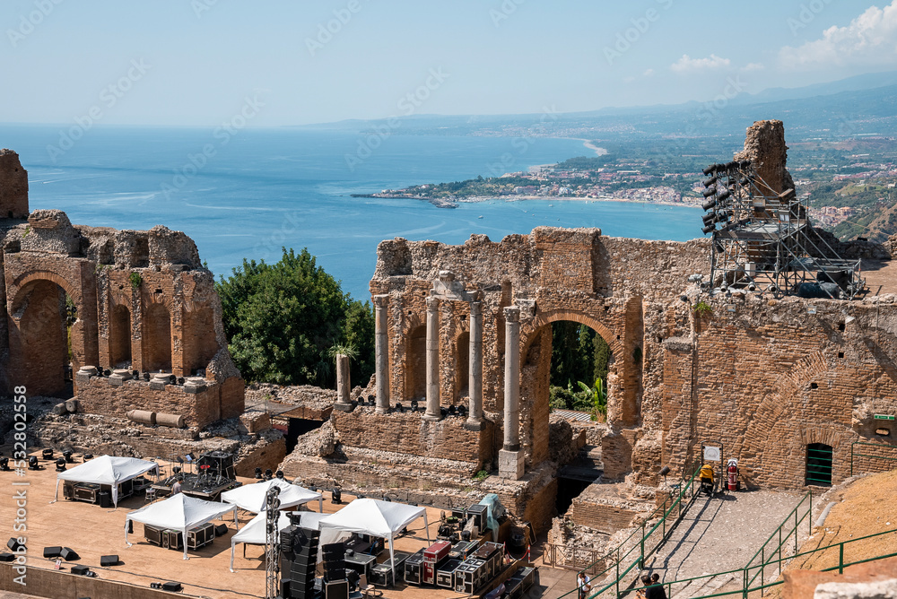 Panoramic view of old ruins of ancient Italian Teatro Antico di ...