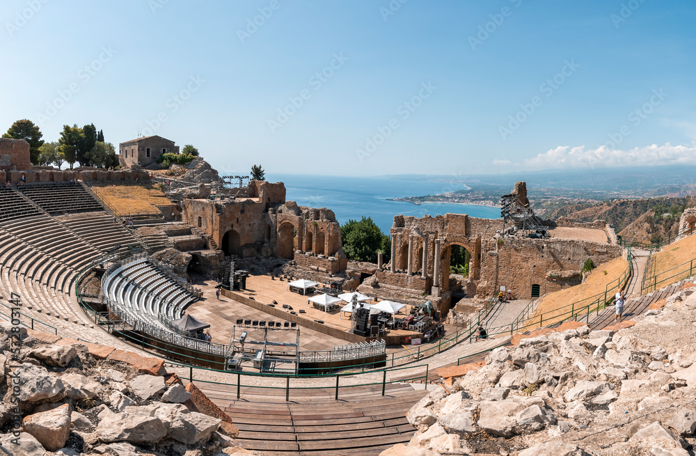 Panoramic view of old ruins of ancient Italian Teatro Antico di ...