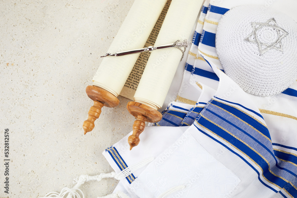 Simchat Torah. Jewish prayer book with torah scroll, prayer shawl ...