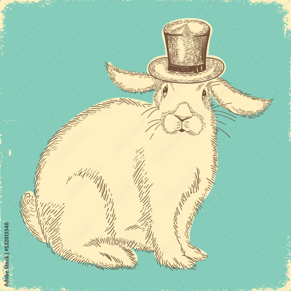 Rabbit gentleman in vintage cylinder hat. Vector vintage hand drawn ...