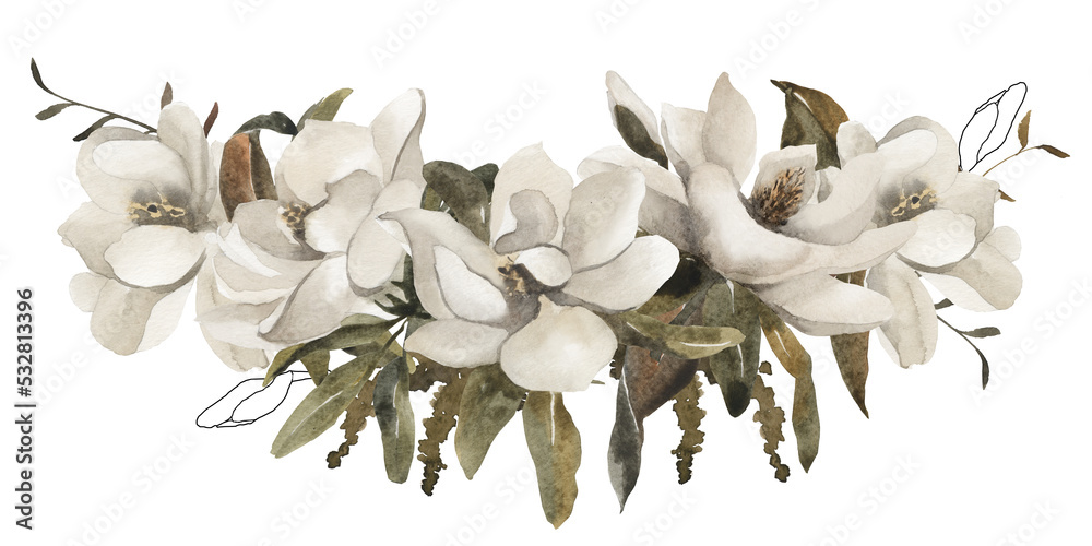 Watercolor white wedding flower. Hand painted wedding frames ...