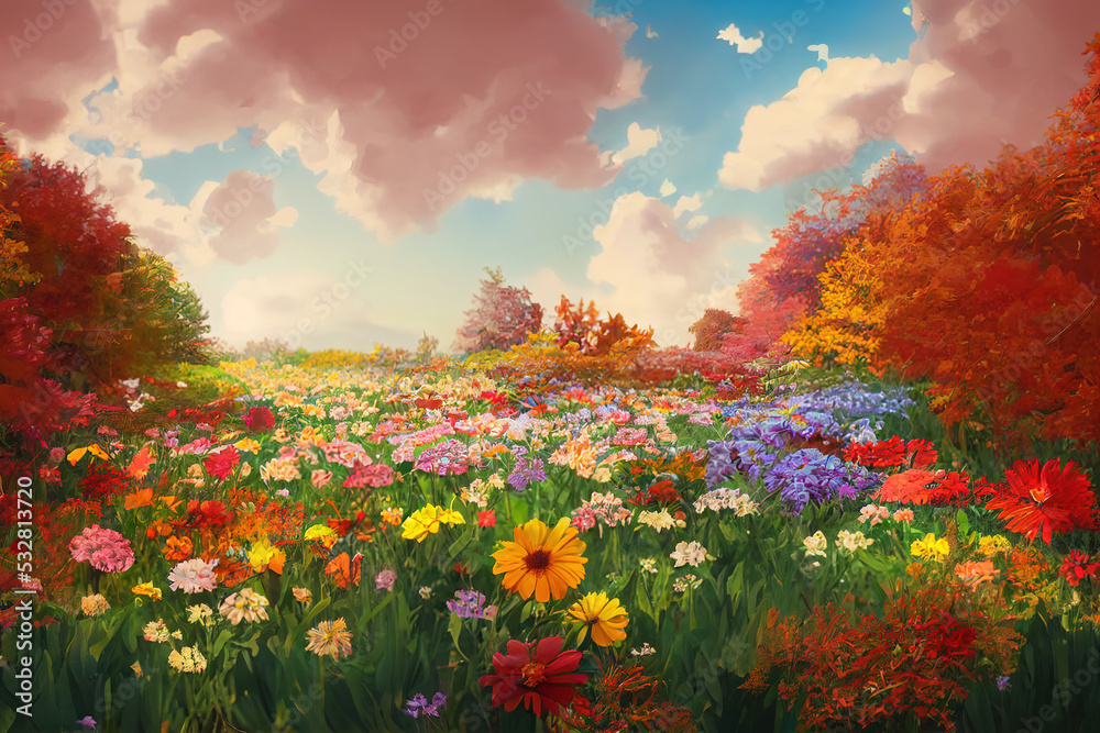 bright flowers in rubber boots autumn season background harvesting ...