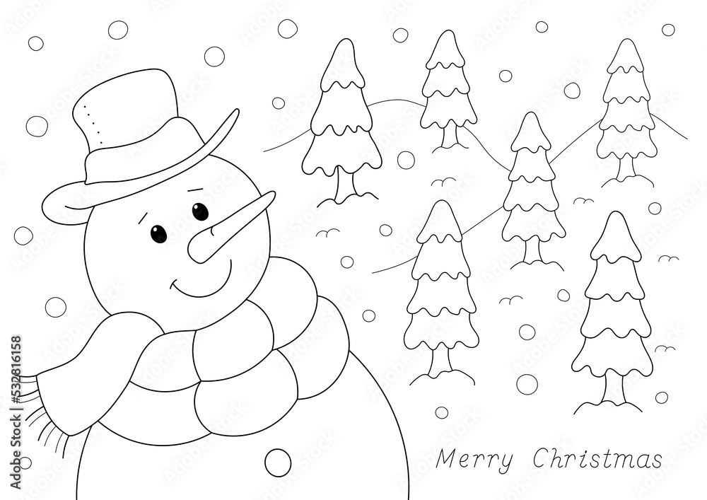 cute christmas snowman and snowy day with trees. easy coloring page you ...