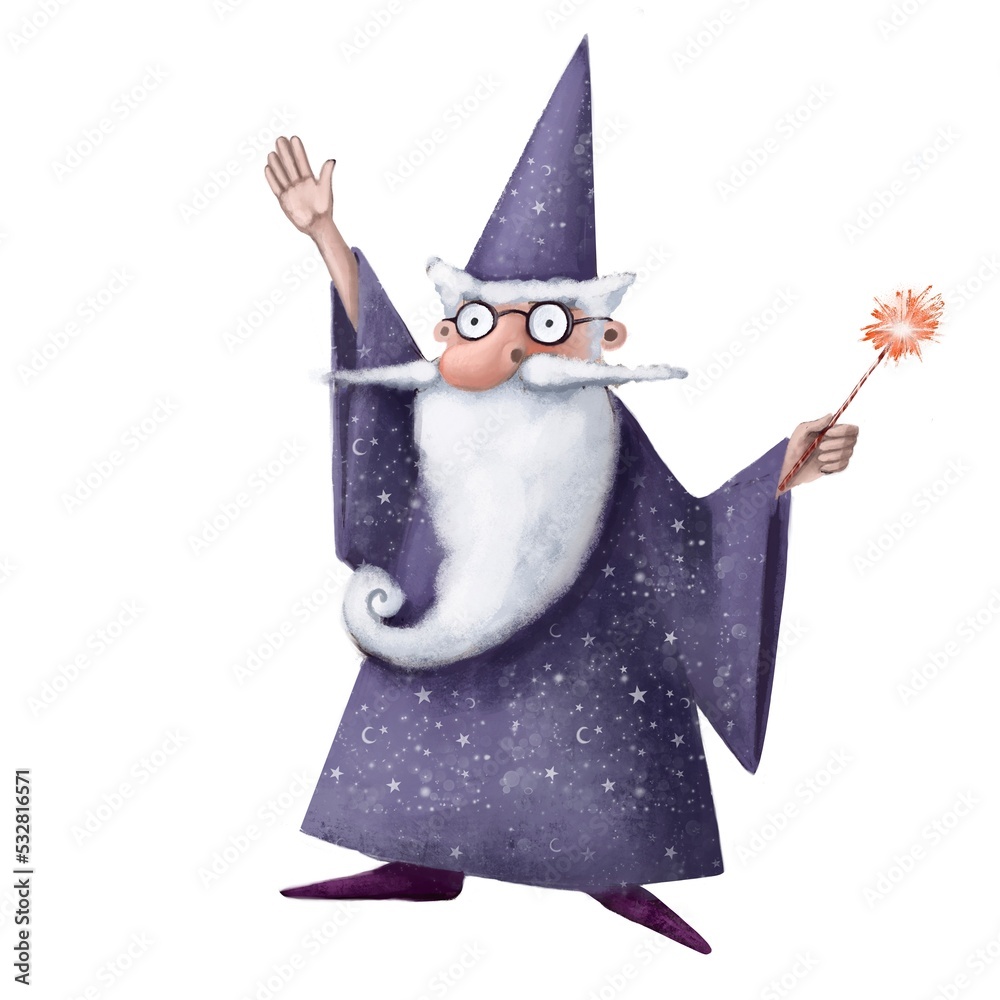 funny old magician with magic stick, fairy tale Merlin cartoon ...