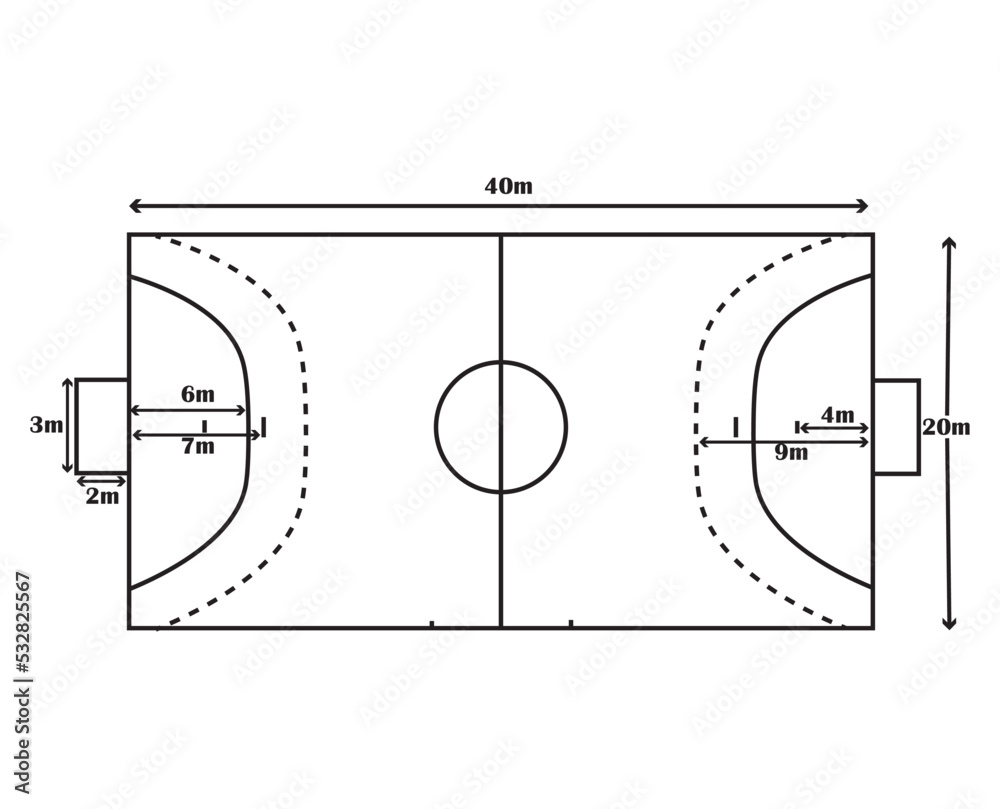Handball court dimensions vector illustration.black and white drawing ...