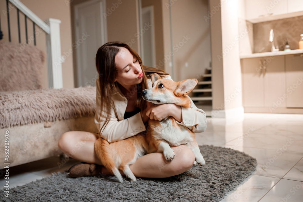 Attractive girl hug and play with corgi dog at home. Welsh Corgi ...