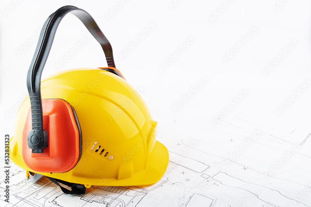 occupational Safety and Health, ear protectors construction hard hat on ...