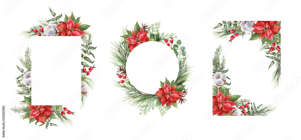 Christmas floral frame. Watercolor winter border for greeting card and ...
