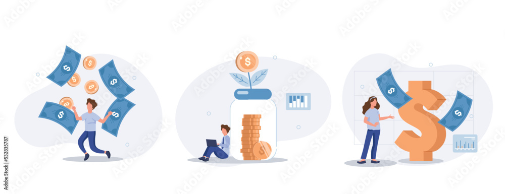 Passive income illustration set. Characters enjoying financial freedom ...