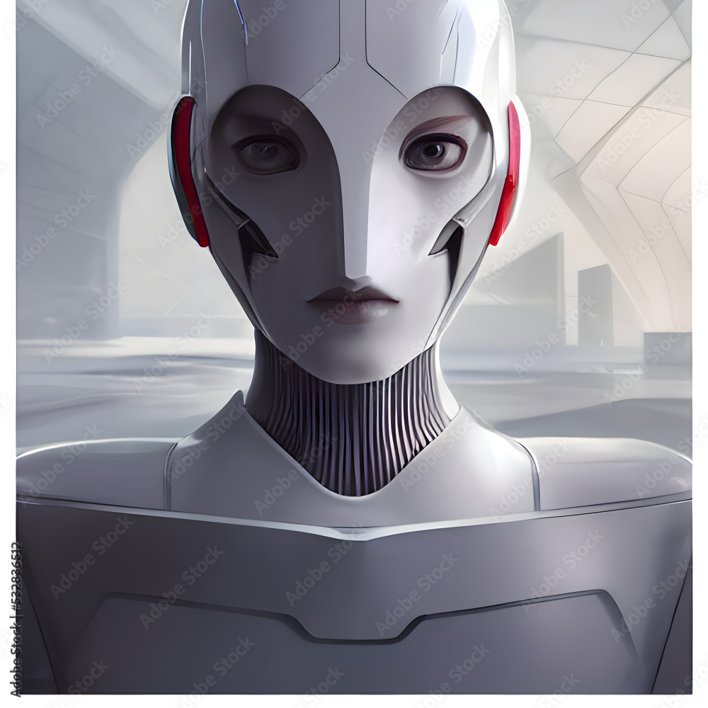 The high-tech futuristic android stands in the center of the room, its ...