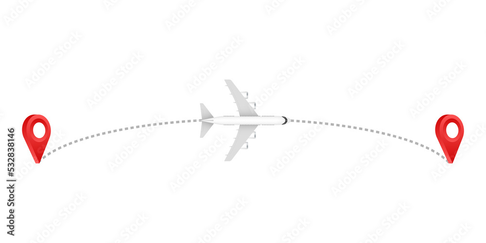 Airplane line path icon of air plane flight route with start point and ...