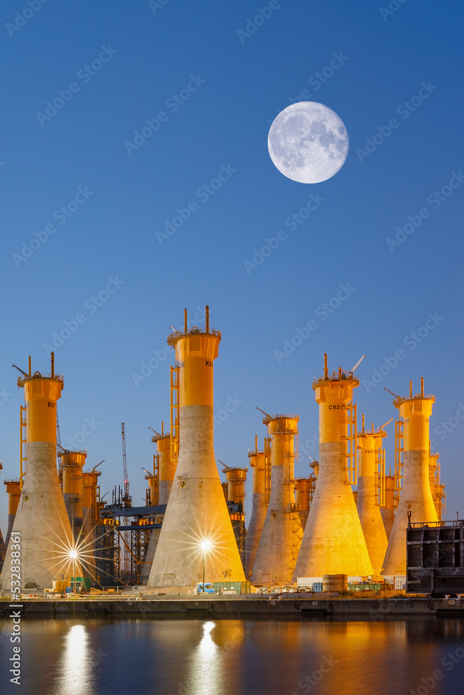 Super full moon over Gravity base structures (GBS), building site of ...