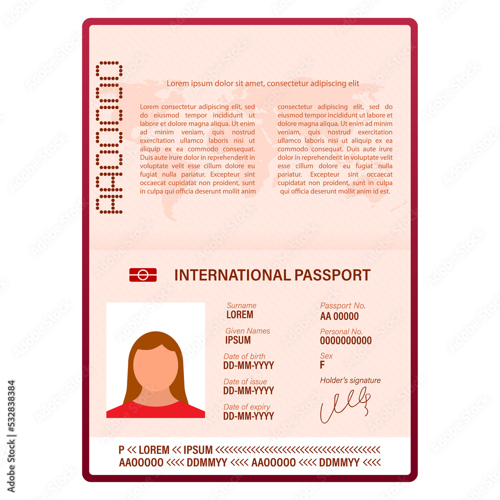 Blank open passport template. International passport with sample ...