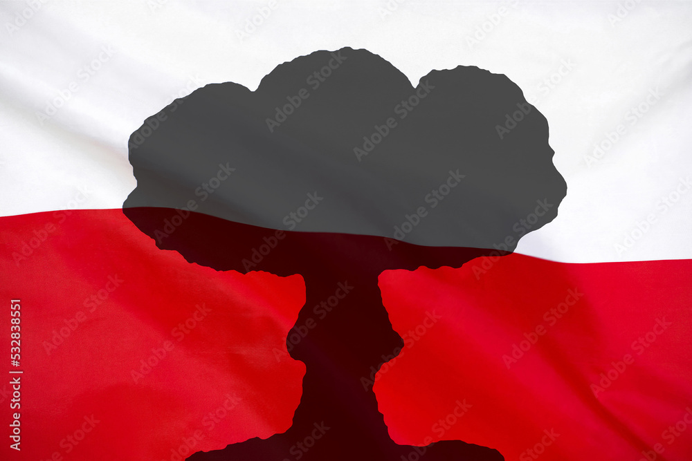 Atomic bomb explosion mushroom on Poland flag background. Nuclear ...