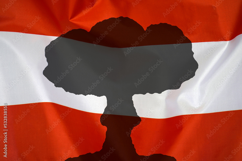 Atomic bomb explosion mushroom on Austria flag background. Nuclear ...