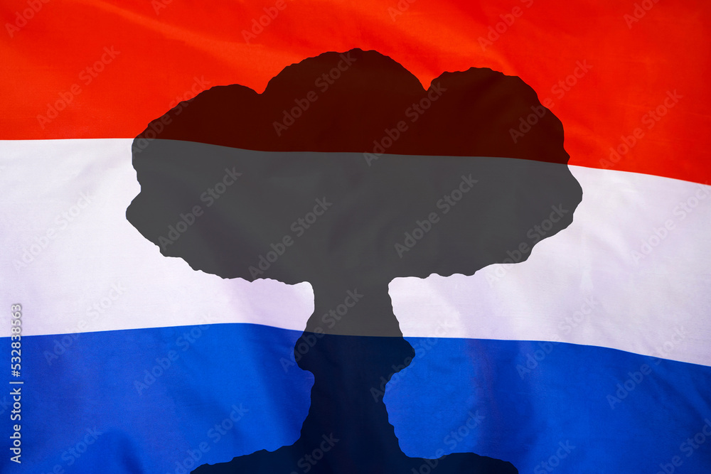Atomic bomb explosion mushroom on Netherlands flag background. Nuclear ...