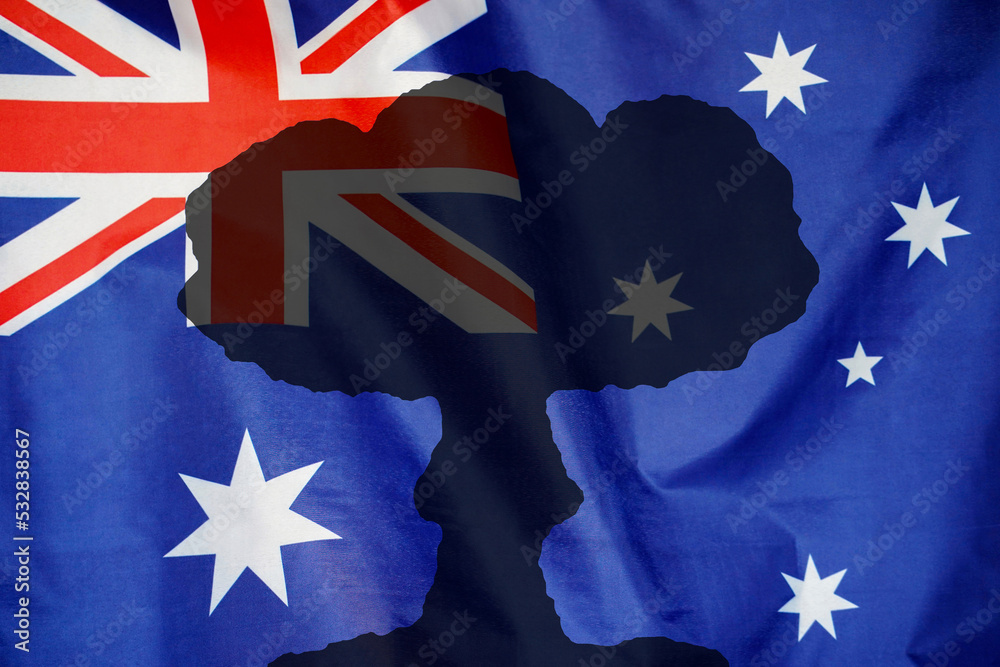 Atomic bomb explosion mushroom on Australia flag background. Nuclear ...