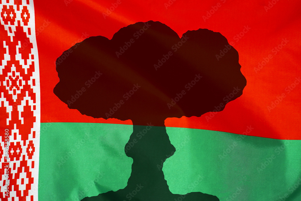 Atomic bomb explosion mushroom on Belarus flag background. Nuclear ...