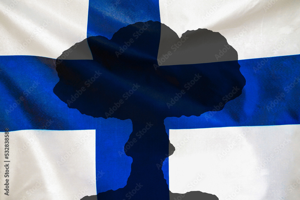 Atomic bomb explosion mushroom on Finland flag background. Nuclear ...
