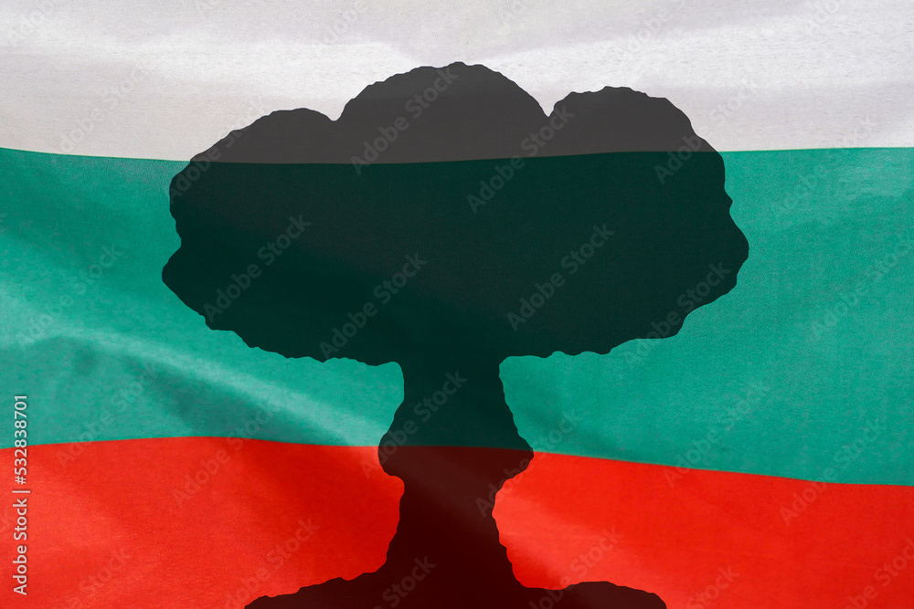 Atomic bomb explosion mushroom on Bulgaria flag background. Nuclear ...