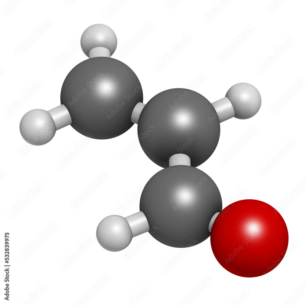 Acrolein (propenal) molecule. Toxic molecule that is formed when fat or ...