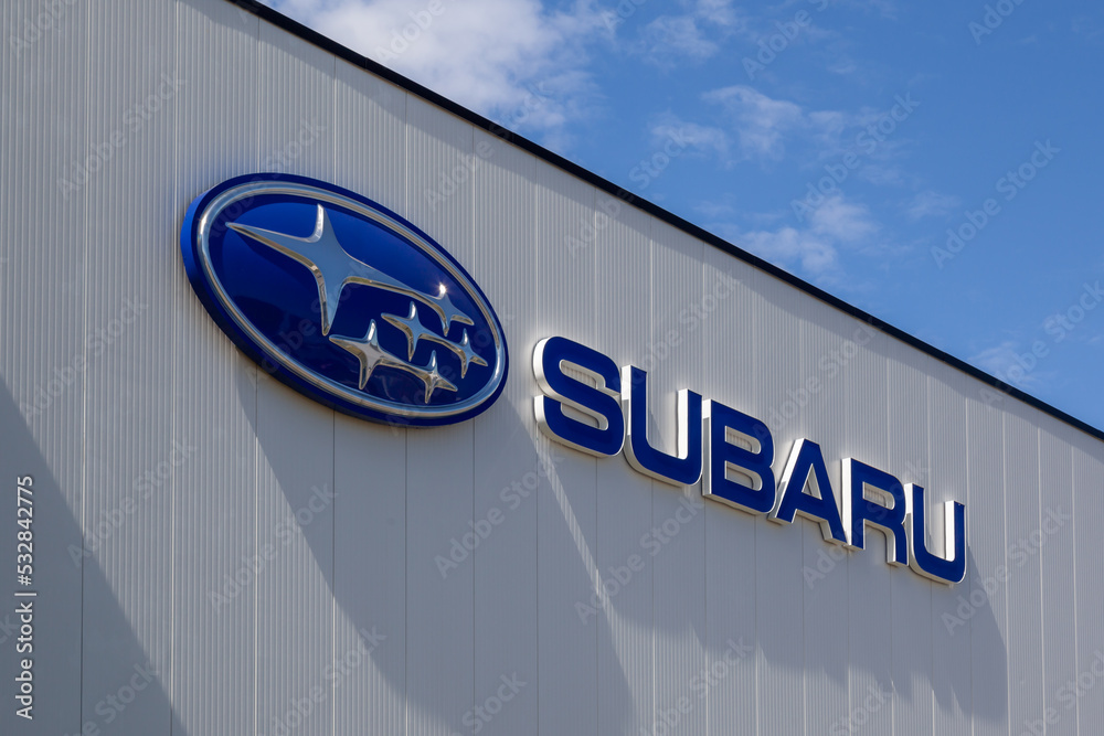 Mississauga, ON, Canada - May 14, 2022: Close up of Subaru sign on the ...