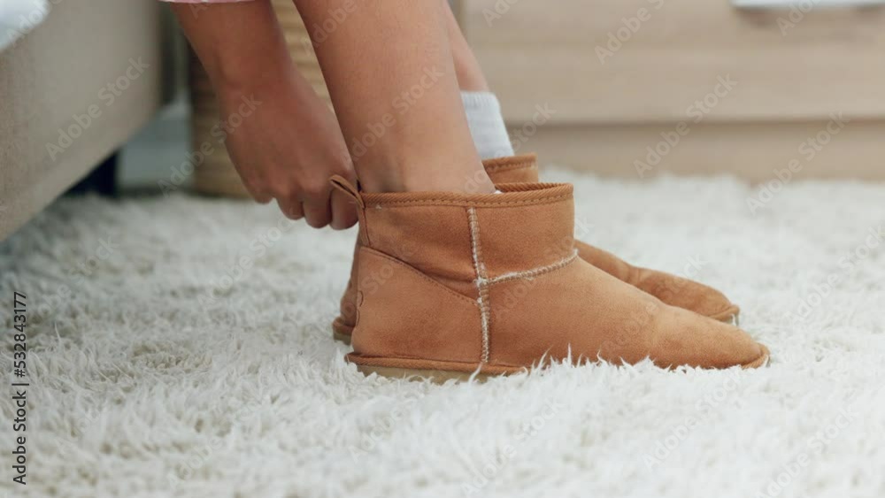 Woman, shoes and walking on carpet in bedroom after waking up, sleeping ...
