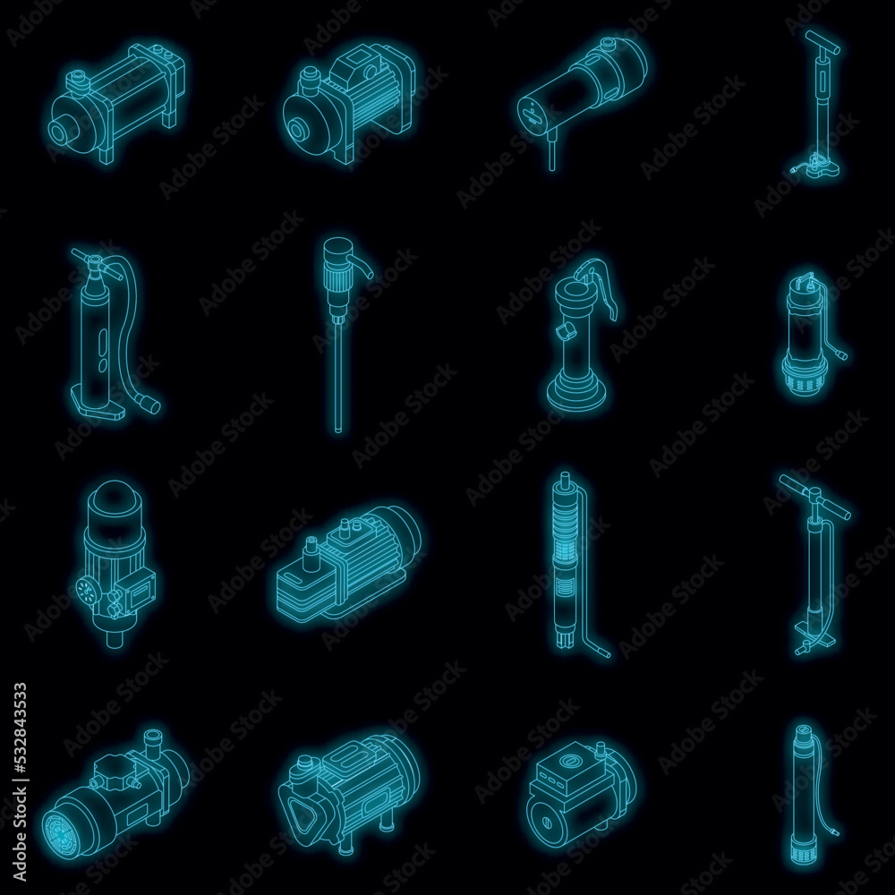 Pump icons set. Isometric set of pump vector icons neon color on black ...