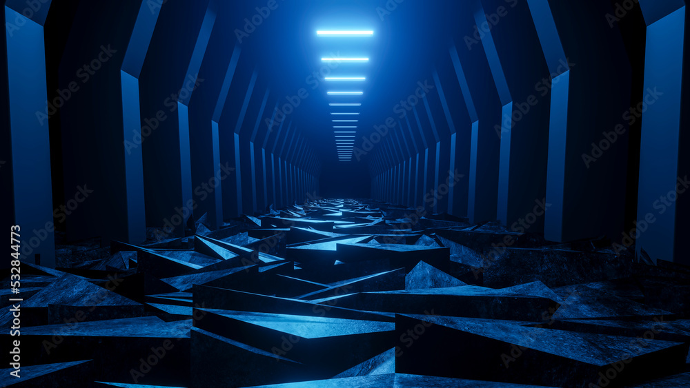 Cyber landscape with the concrete ruins illuminated by blue lamps ...