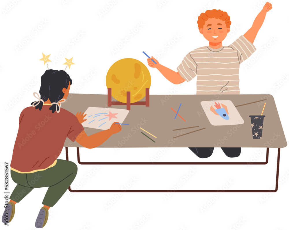 People draw with colored pencils and paints at table. Children draw ...