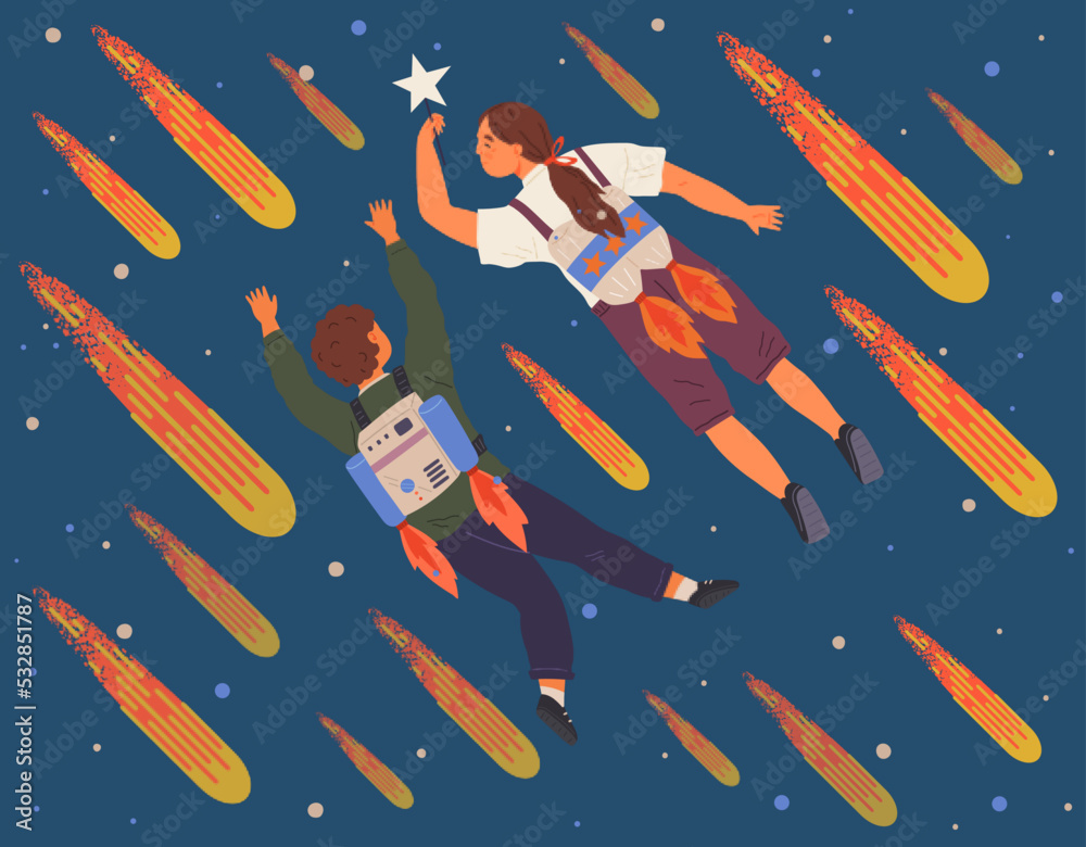 Astronaut woman and man with jet backpack flying among planets and ...